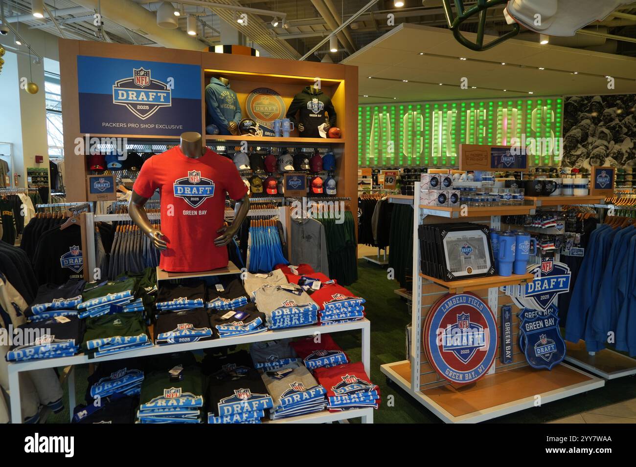 A 2025 NFL Draft merchandise display at the Packers Pro Shop at Lambeau ...