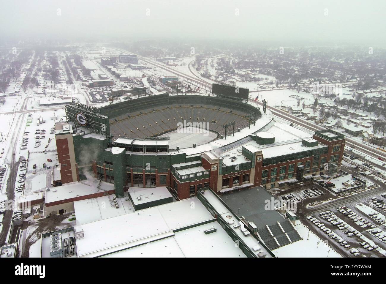 A general overall aerial view of a snow-covered Lambeau Field, Thursday ...
