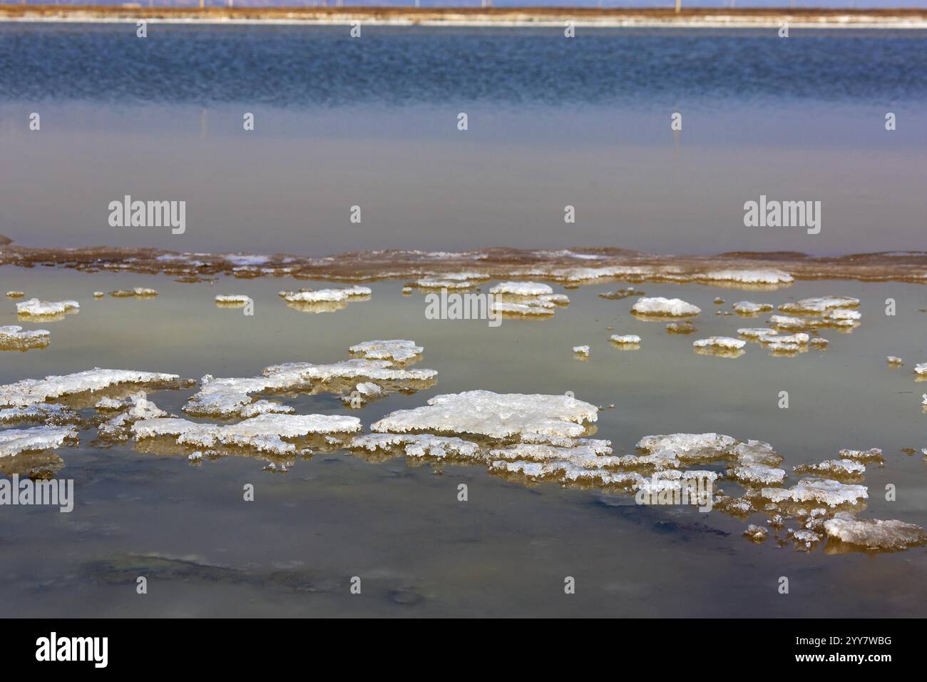 The salt crystals are formed on salt lake in Yuncheng City, north China ...