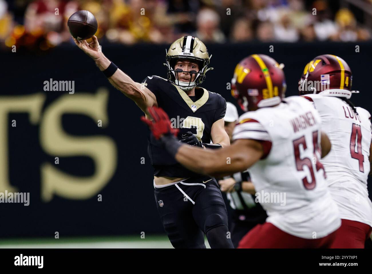 New Orleans Saints quarterback Jake Haener (3) searches for an open ...