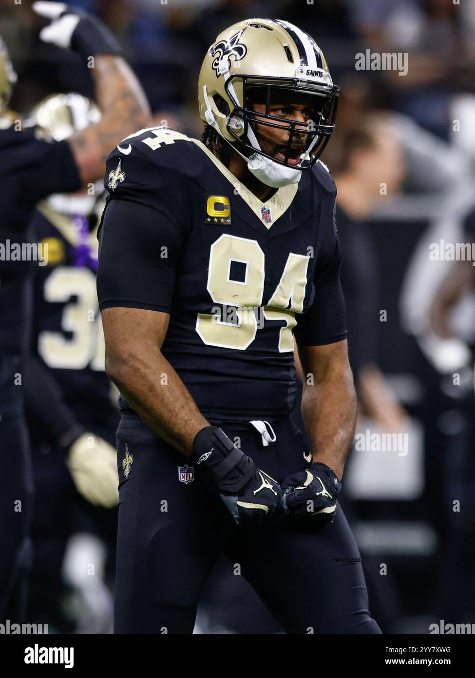 New Orleans Saints defensive end Cameron Jordan (94) flex after a loss ...