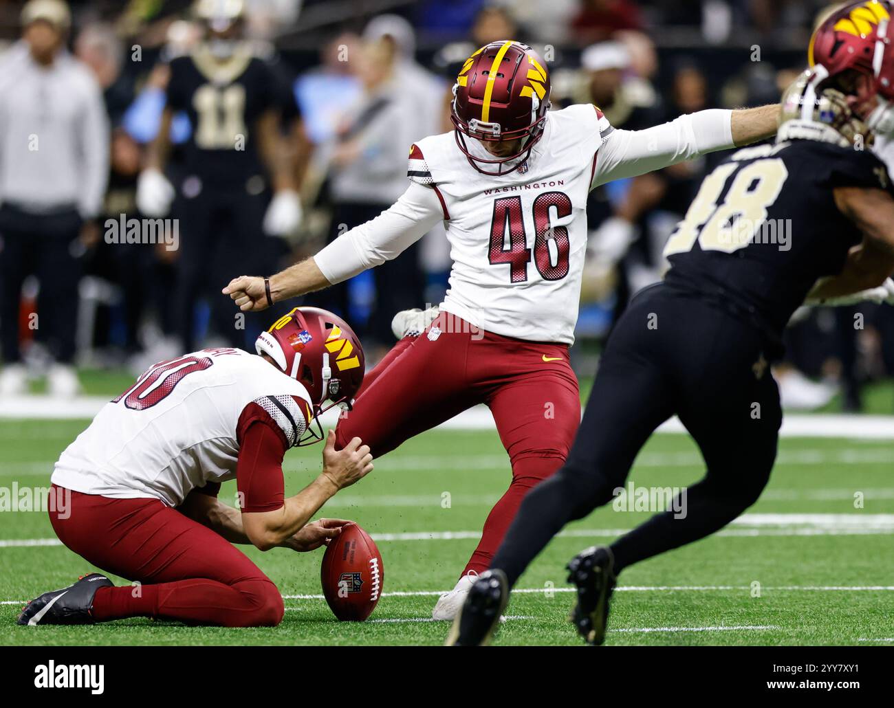 Washington Commanders kicker Greg Joseph (46) with the field goal ...