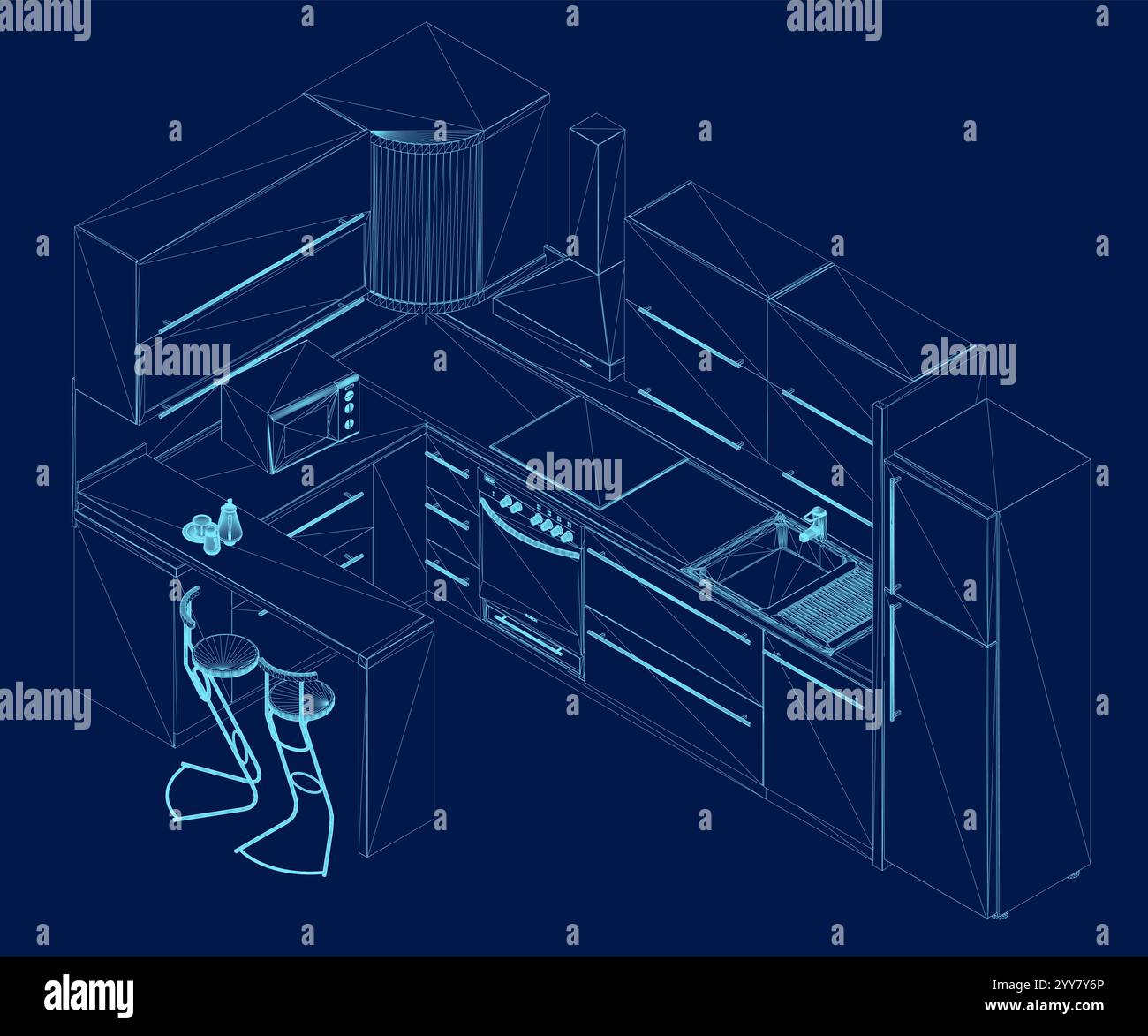 Vector isometric kitchen interior - wireframe illustration Stock Vector ...