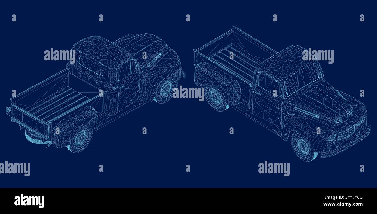 Retro contour Pick Up Truck. Side view. Vector illustration. Set ...
