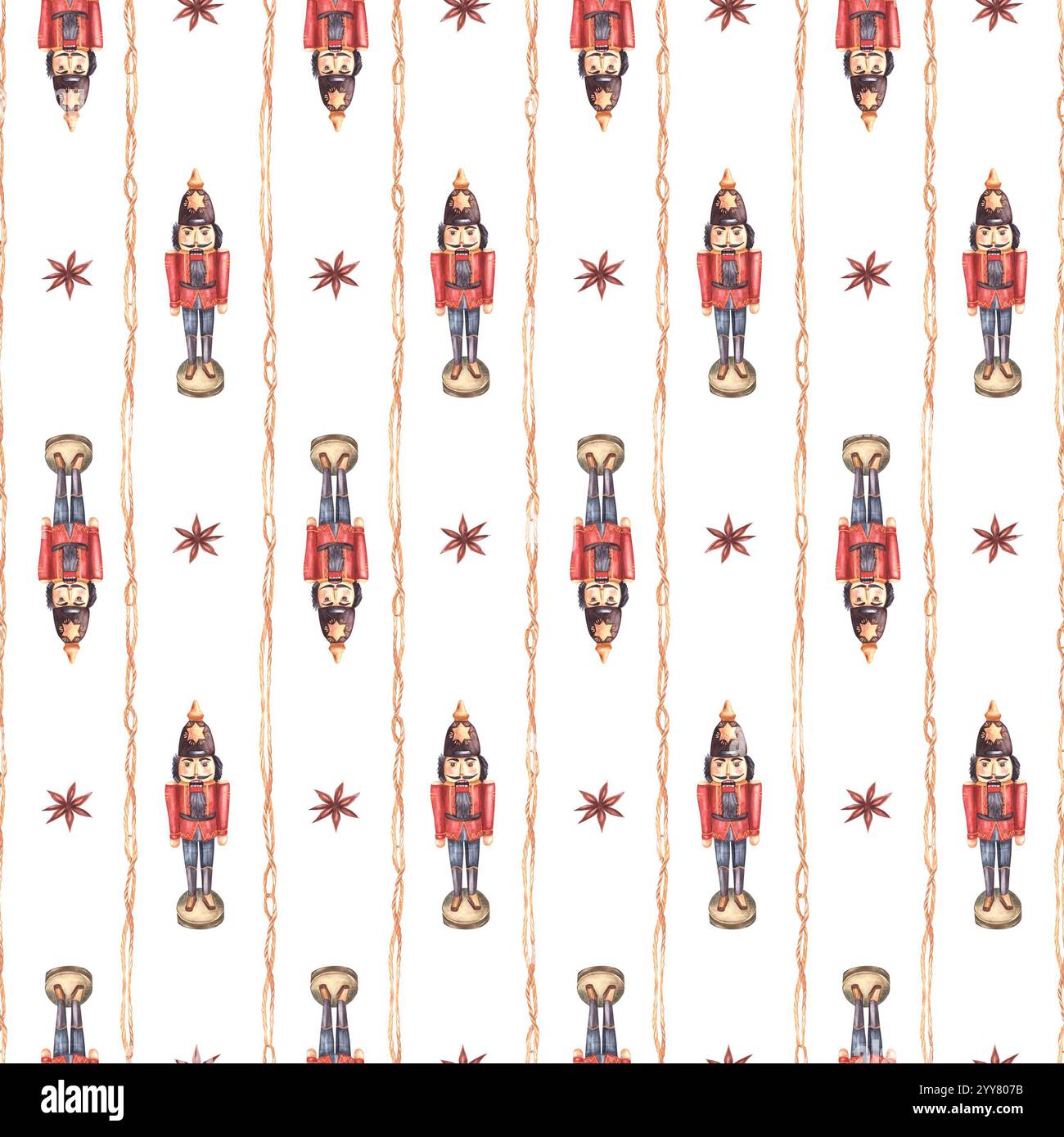 The Nutcracker toy vintage seamless pattern of vertical rope strips and ...
