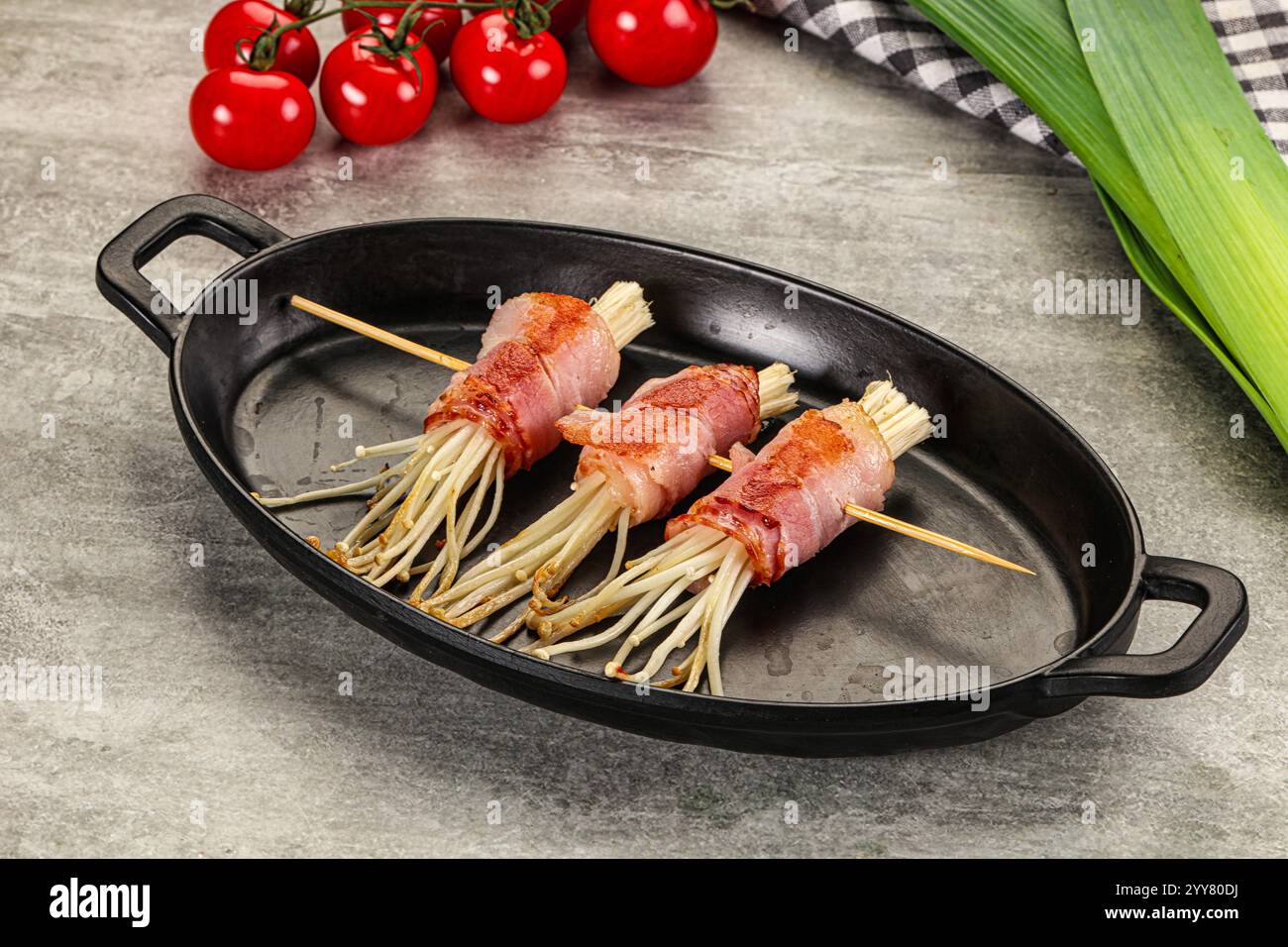Grilled enoki mushroom with bacon roll wrap Stock Photo - Alamy