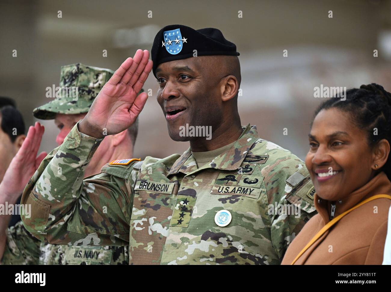 Incoming commander Gen. Xavier Brunson, center, salutes during a change ...