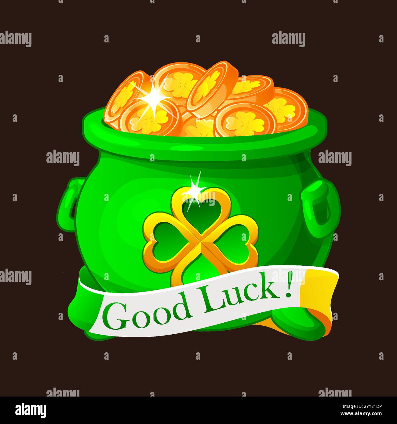 Green pot full of golden coins with clover sign and ribbon Good Luck ...