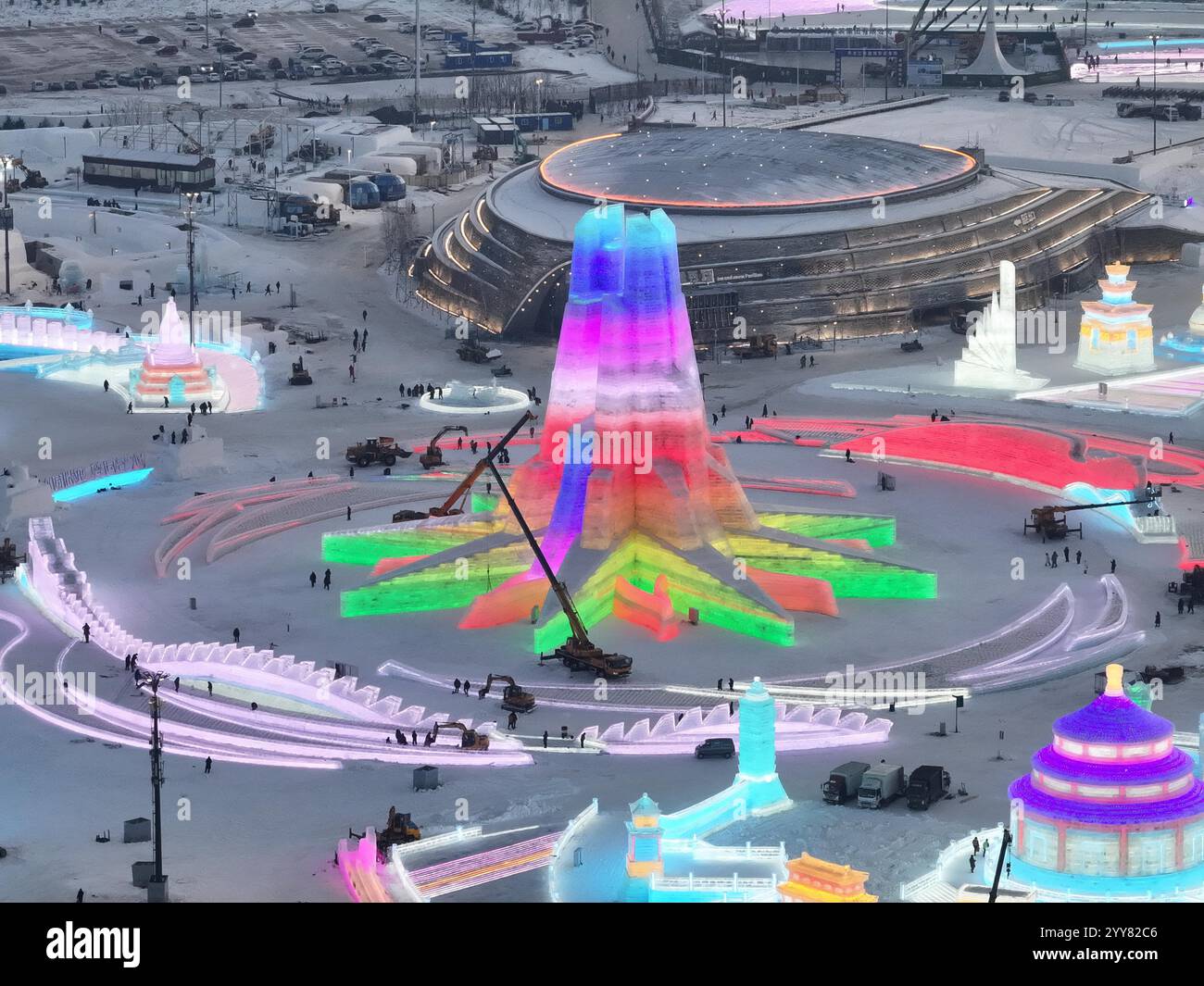 Aerial photo shows the 26th Harbin Ice-Snow World under construction in ...