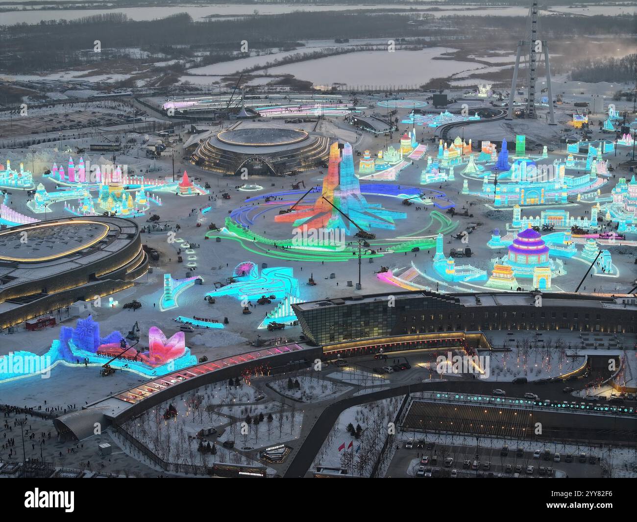 Aerial photo shows the 26th Harbin Ice-Snow World under construction in ...