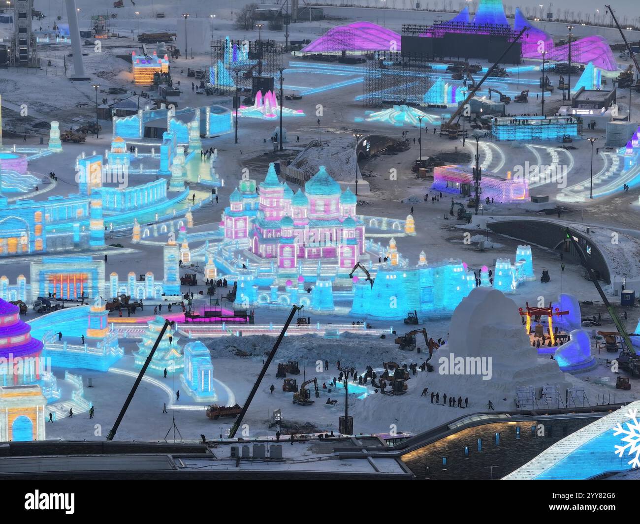 Aerial photo shows the 26th Harbin Ice-Snow World under construction in ...