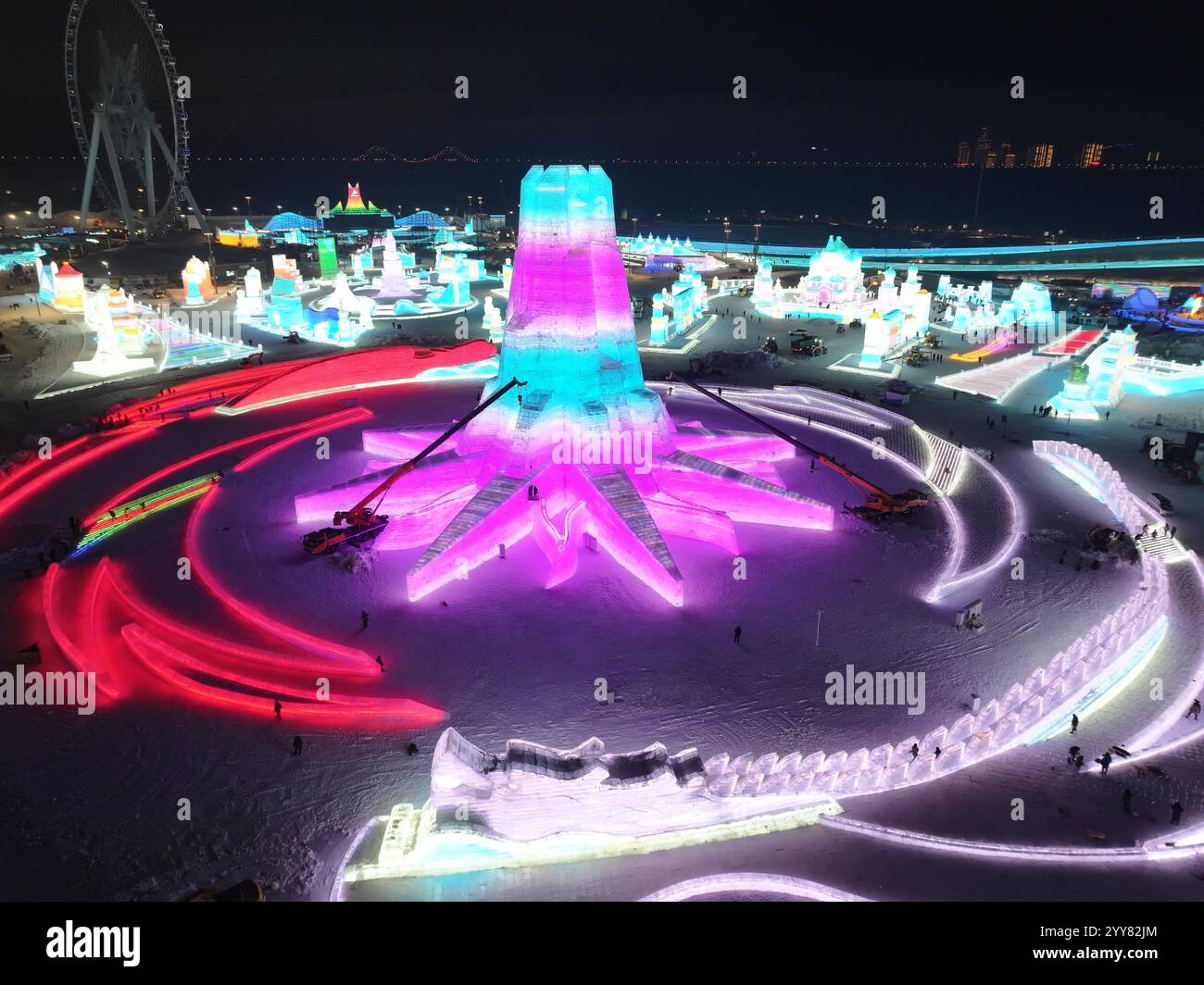 Aerial photo shows the 26th Harbin Ice-Snow World under construction in ...