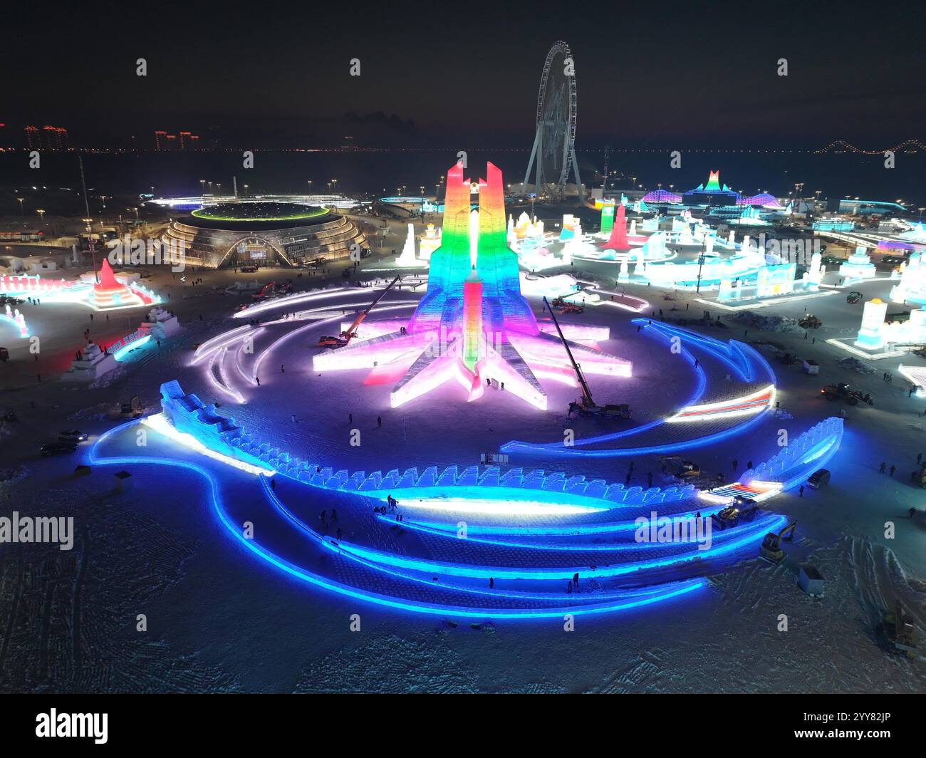 Aerial photo shows the 26th Harbin Ice-Snow World under construction in ...