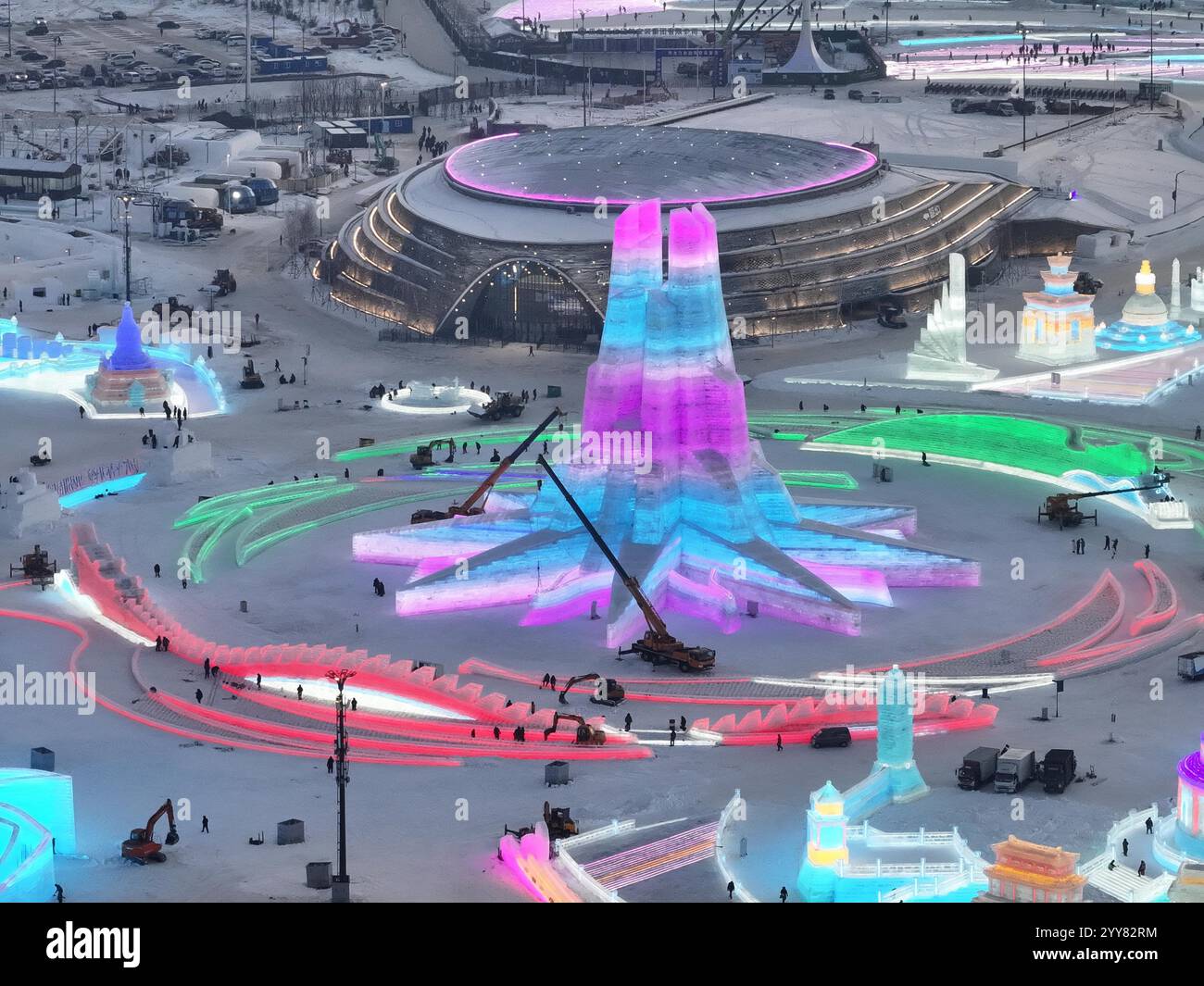 Aerial photo shows the 26th Harbin Ice-Snow World under construction in ...