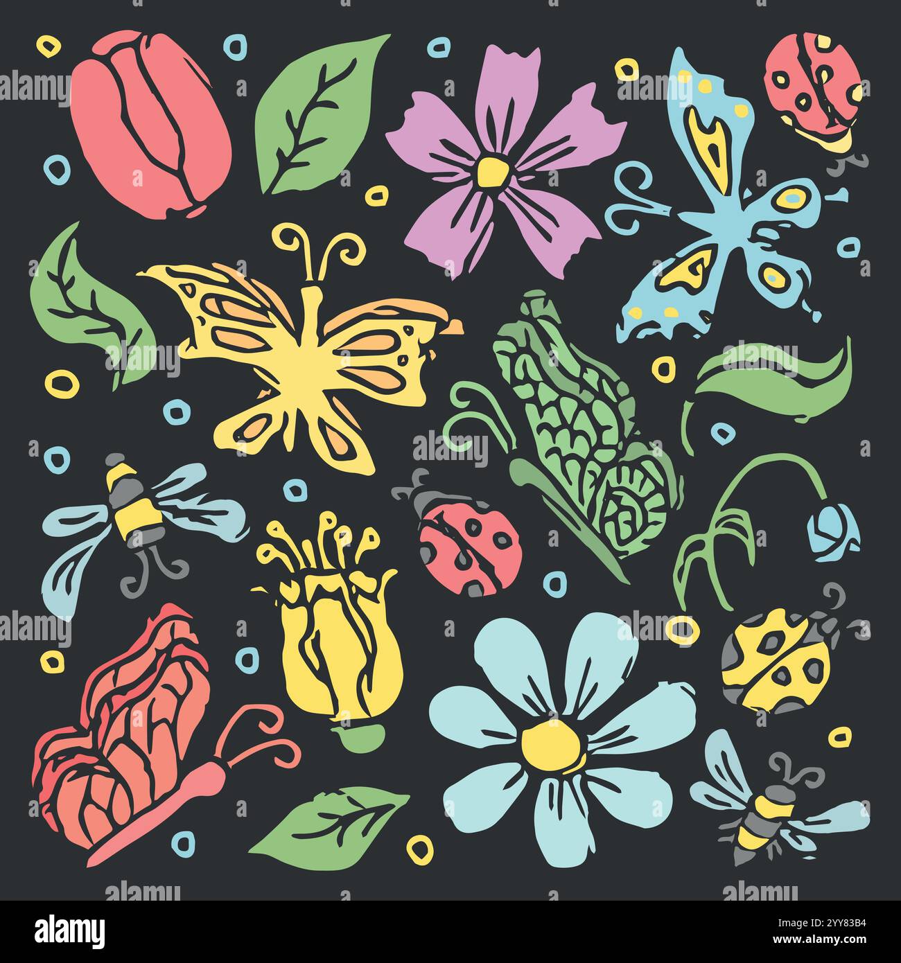 Spring floral illustration with flowers, butterflies, bees and ladybugs ...
