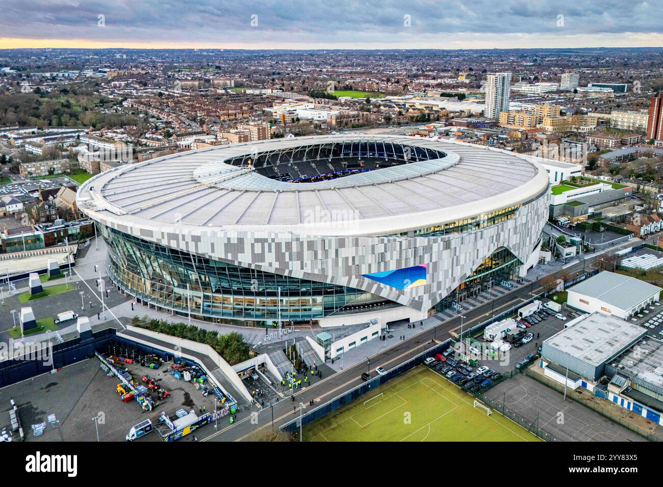 London, UK. 19th Dec, 2024. Aerial ground view above the Tottenham ...
