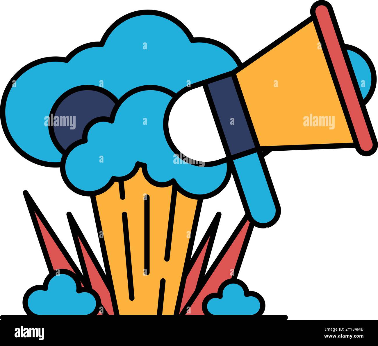 A cartoon drawing of a large explosion with a microphone in front of it ...