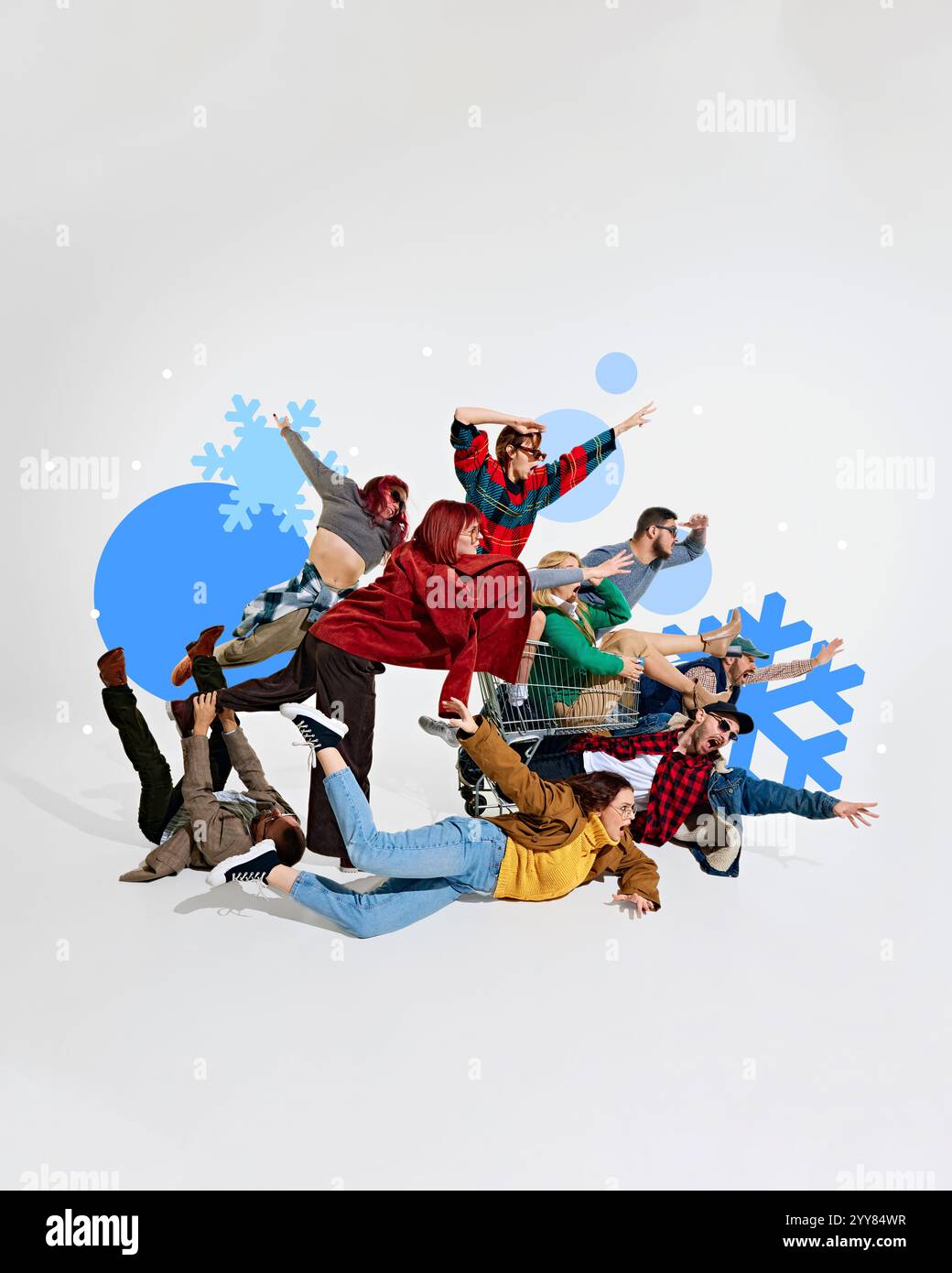 Dynamic group of people falling and reaching towards discounts ...