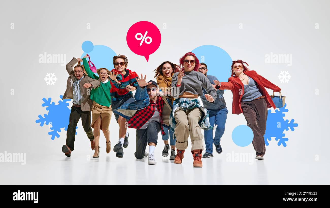 Cheerful group celebrating discounts with energetic poses, running ...