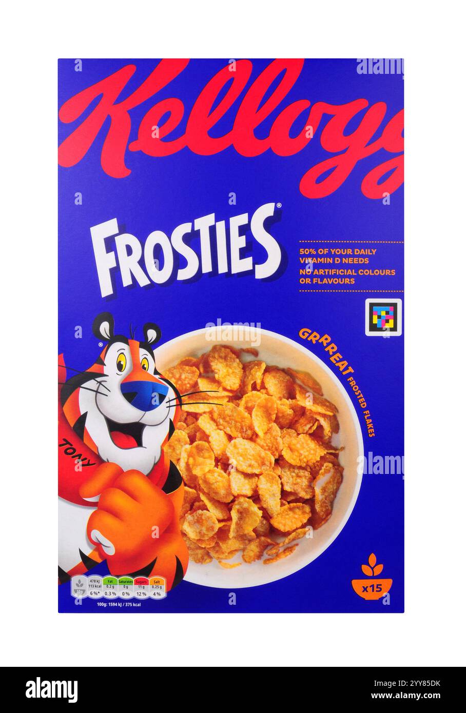 Box of Kellogg's frosties, sugar frosted flakes of corn fortified with vitamins and iron in a ...