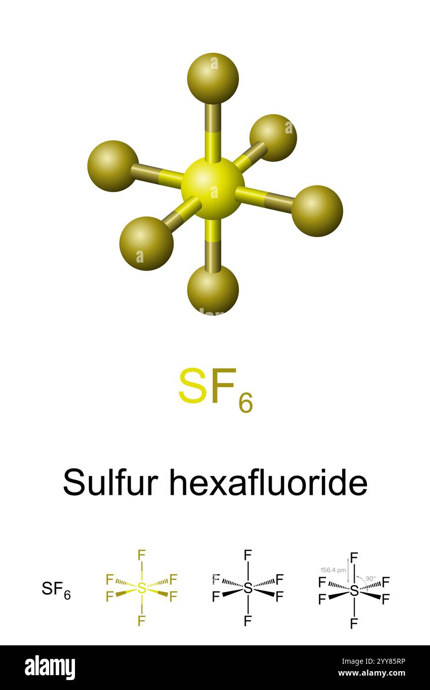 Sulfur hexafluoride, SF6, molecule model and chemical structure. The most powerful greenhouse ...