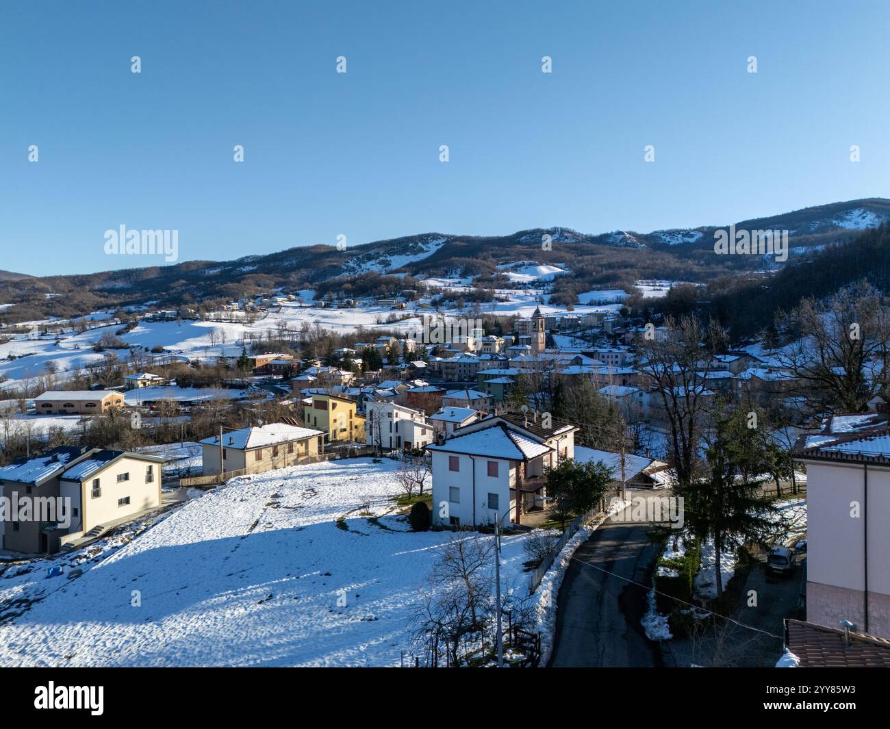Aerial view capturing Morfasso, a charming village nestled in the ...