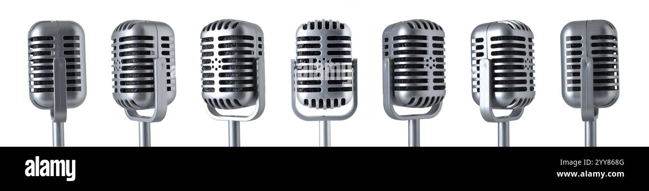 Various views of vintage metal condenser microphone with stand isolated ...