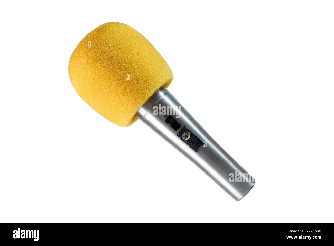 Metal handheld microphone with yellow foam windscreen cut out on white ...