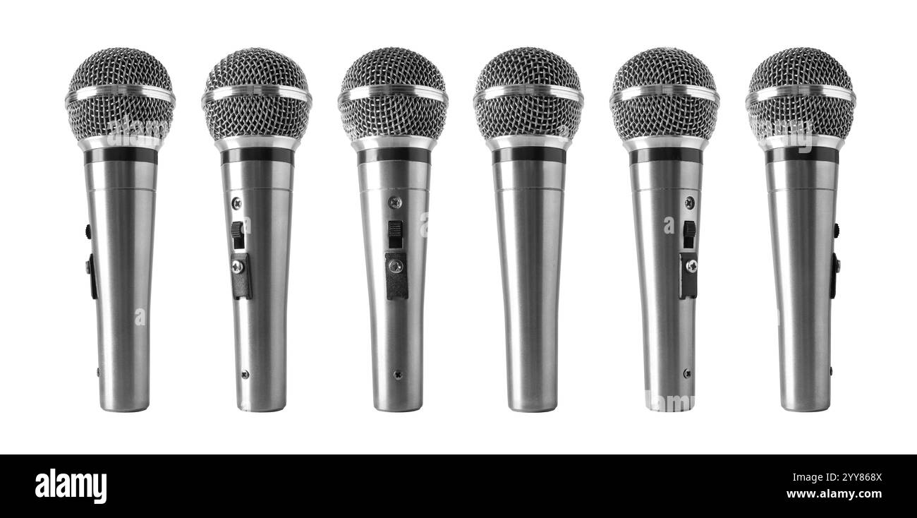 Various views of silver metallic professional microphone with power ...