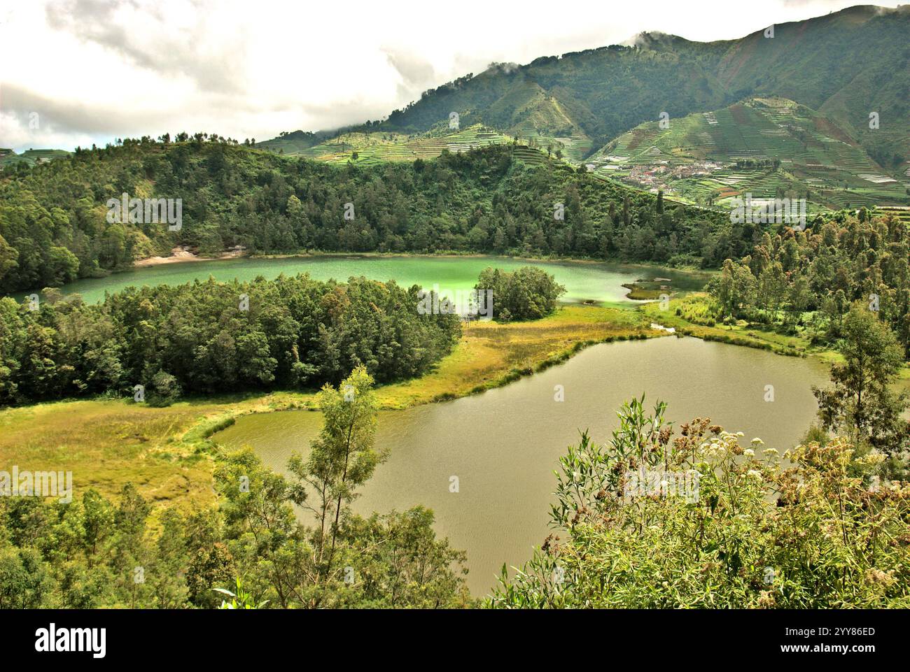 Aerial landscape of Dieng plateau with Telaga Warna lake and Pengilon ...