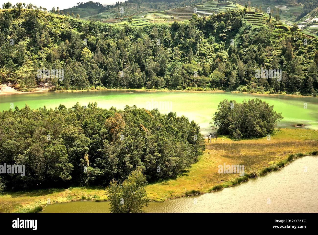 Aerial landscape of Dieng plateau with Telaga Warna lake and Pengilon ...