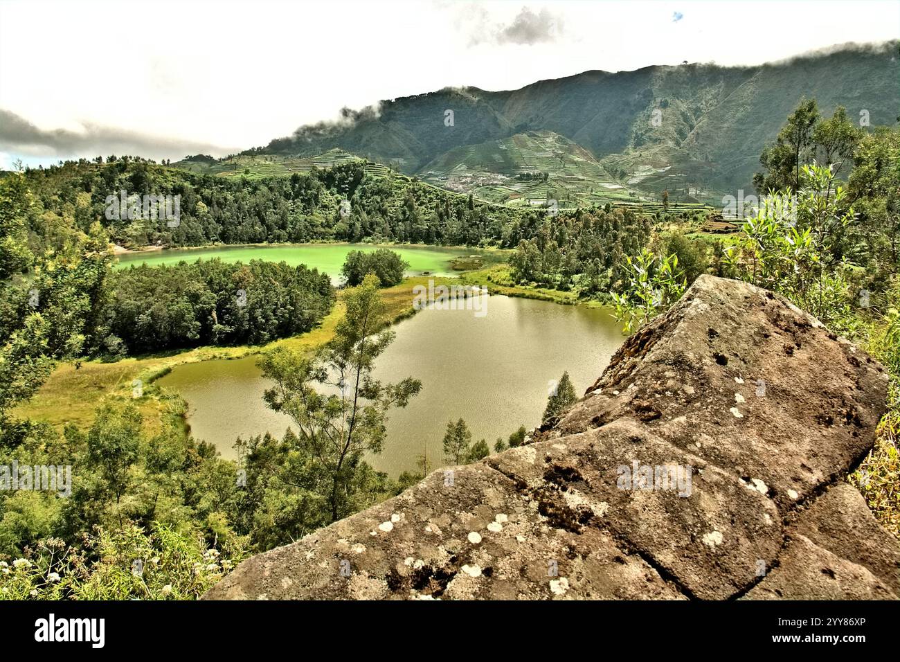 Aerial landscape of Dieng plateau with Telaga Warna lake and Pengilon ...