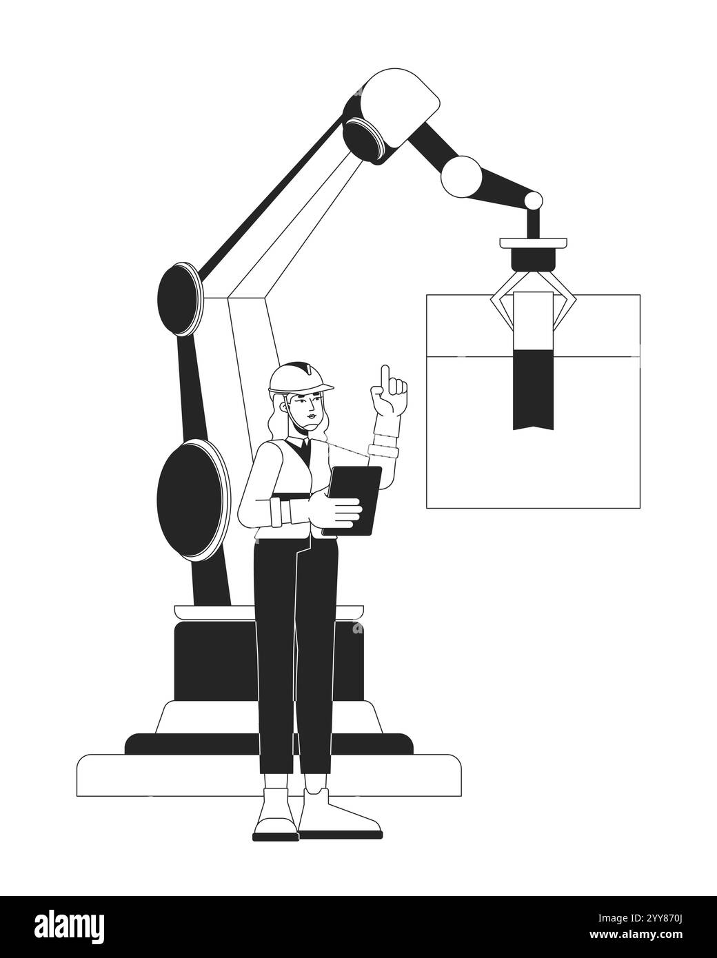 Female engineer supervising robotic packaging arm black and white 2D ...