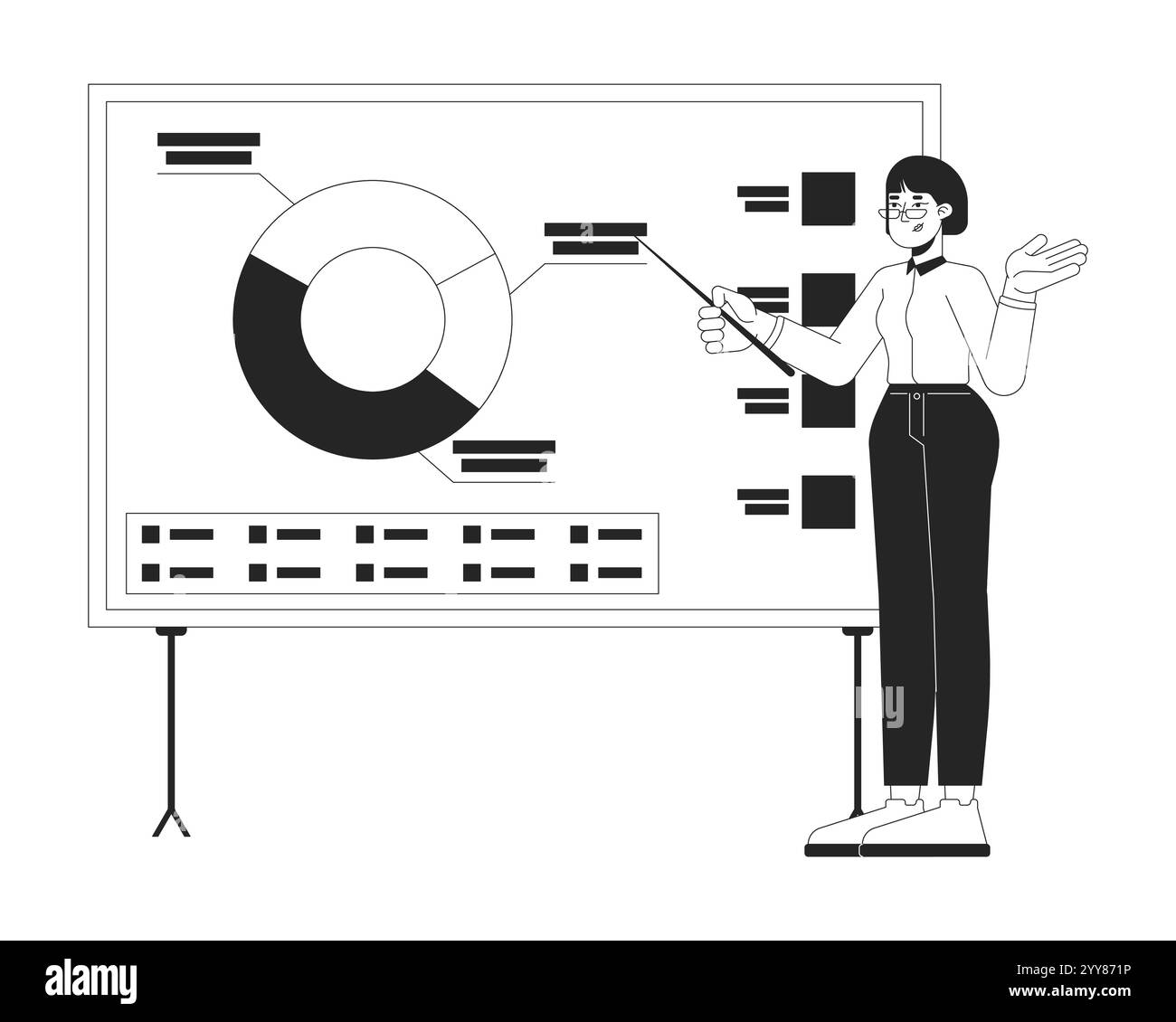 Asian woman manager pointing on pie chart presentation board black and ...