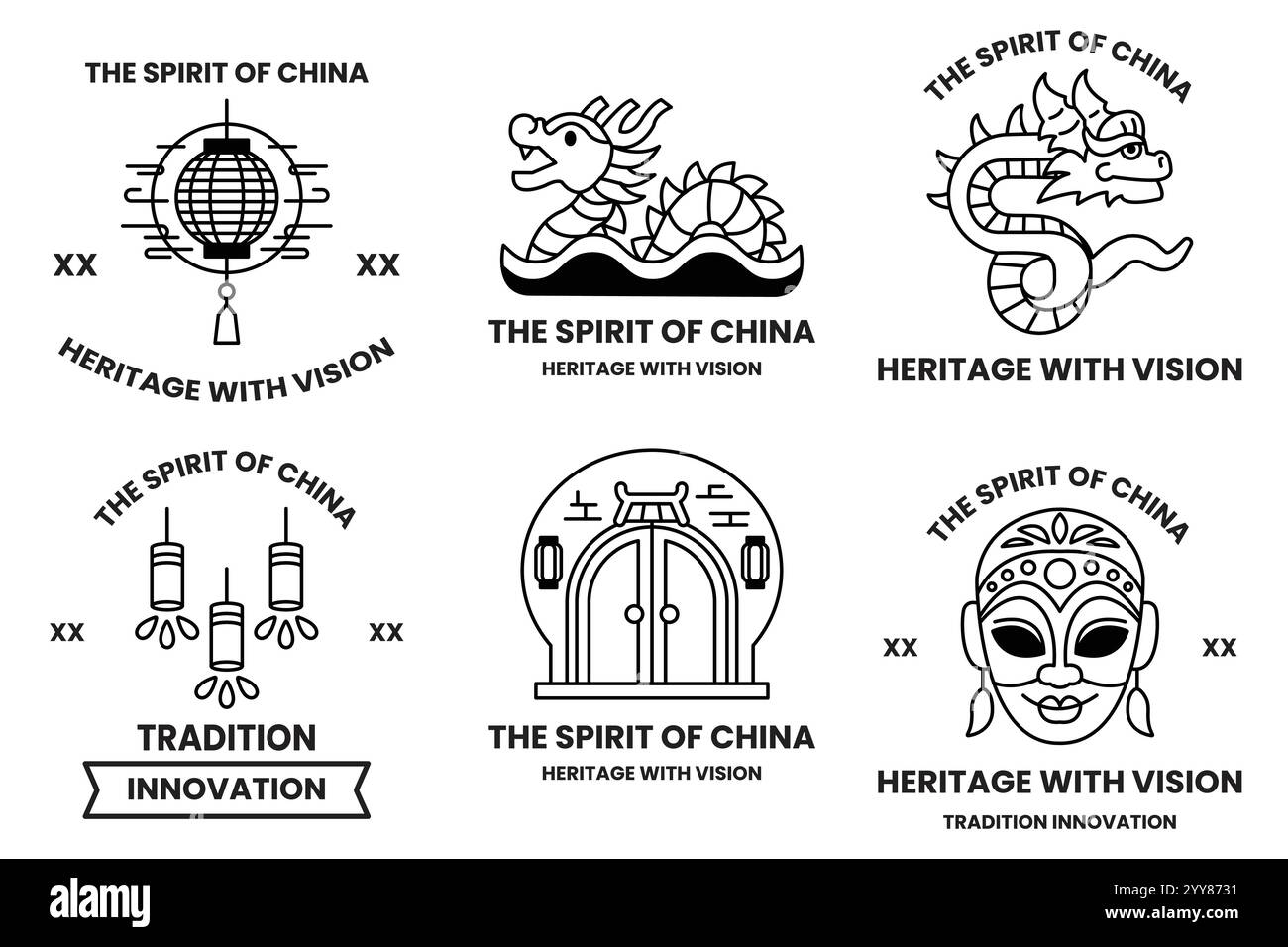 Set of illustrations in the concept of Chinese culture in line style ...