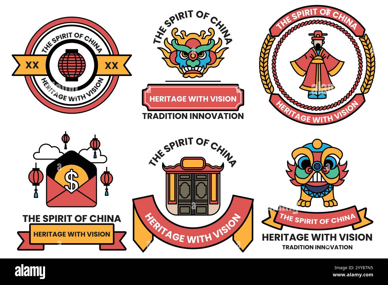 Set of illustrations in the concept of Chinese culture in line style ...