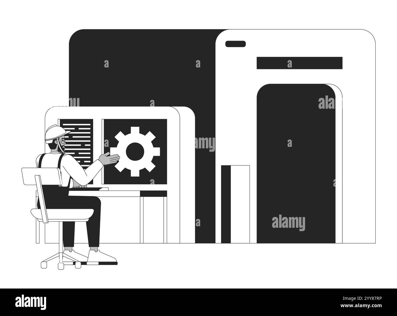 Male engineer workstation operating industrial processes black and ...