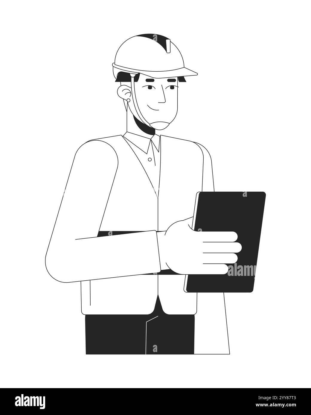 Asian male manufacturing inspector holding tablet black and white 2D ...