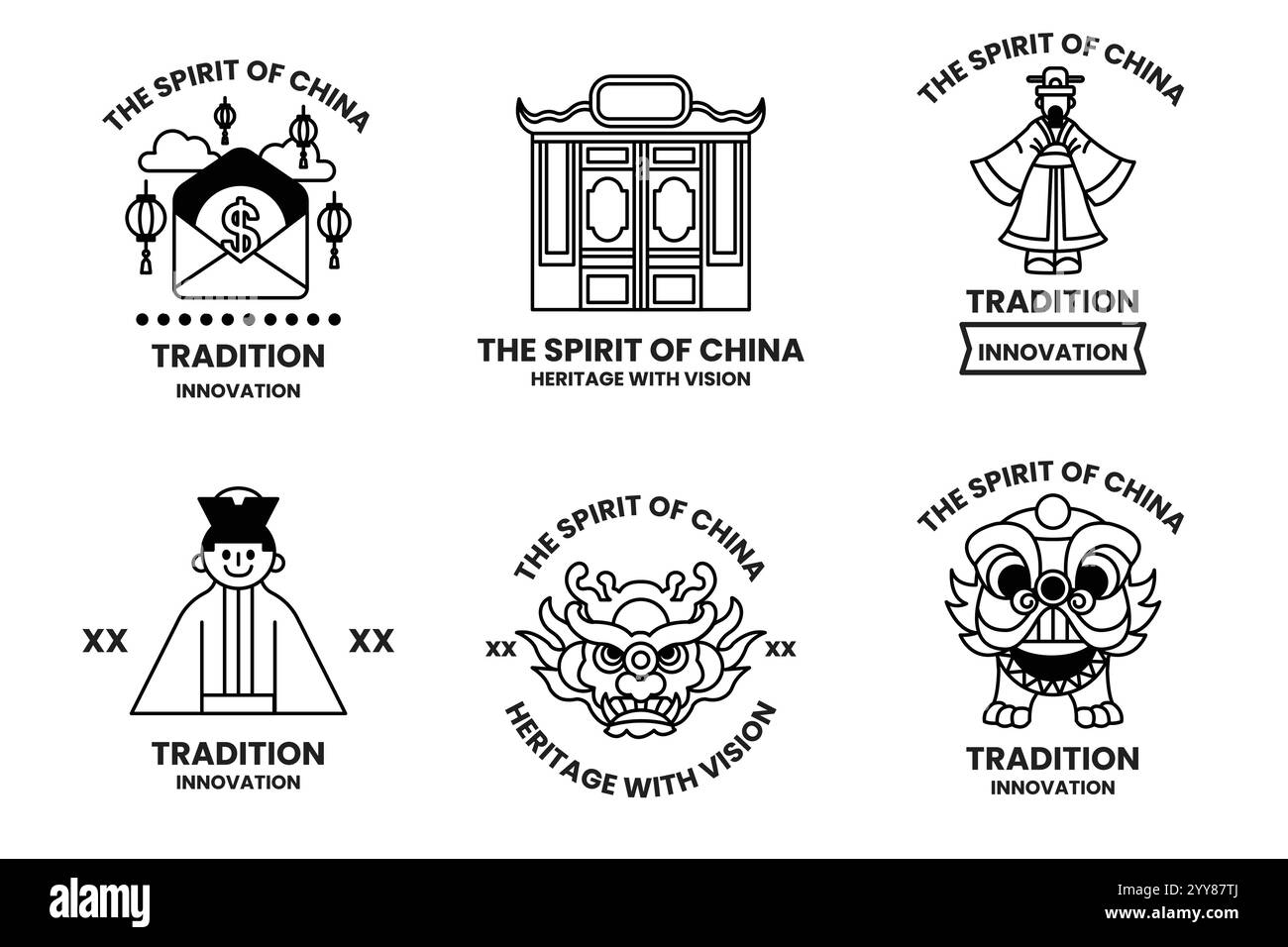 Set of illustrations in the concept of Chinese culture in line style ...