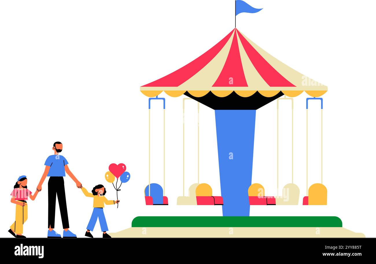 Family Visiting Carousel At Amusement Park With Children Holding ...