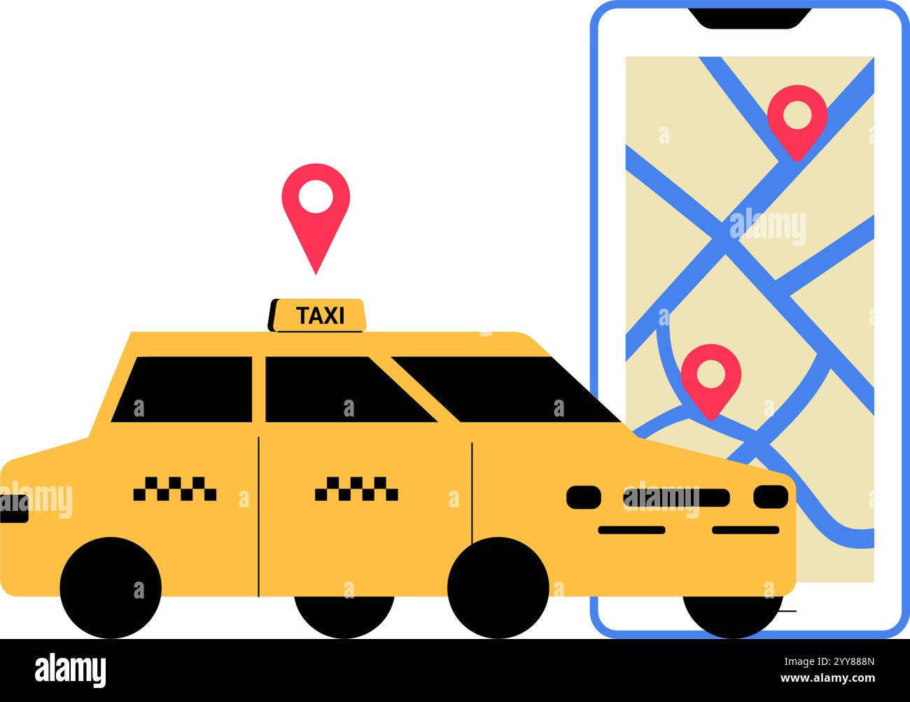 Yellow Taxi With Smartphone Map And Navigation Pins In Flat Vector ...