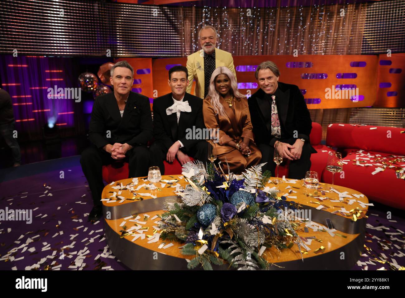 EDITORIAL USE ONLY (left to right) Robbie Williams, Rami Malek, Graham ...