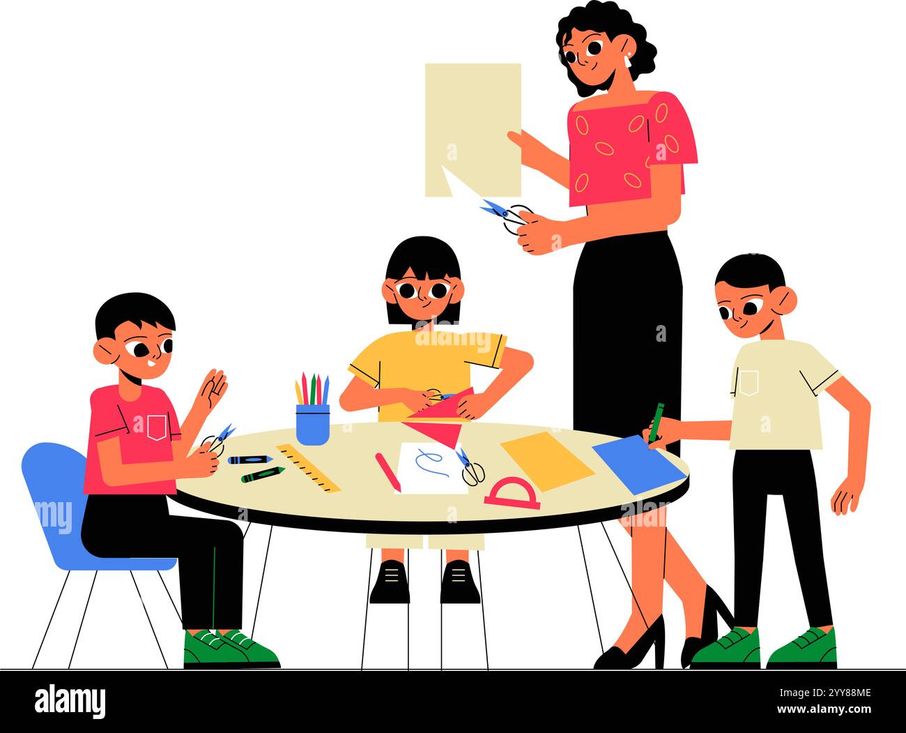 Female Teacher Guiding Children In Craft Activity At Table In Flat ...