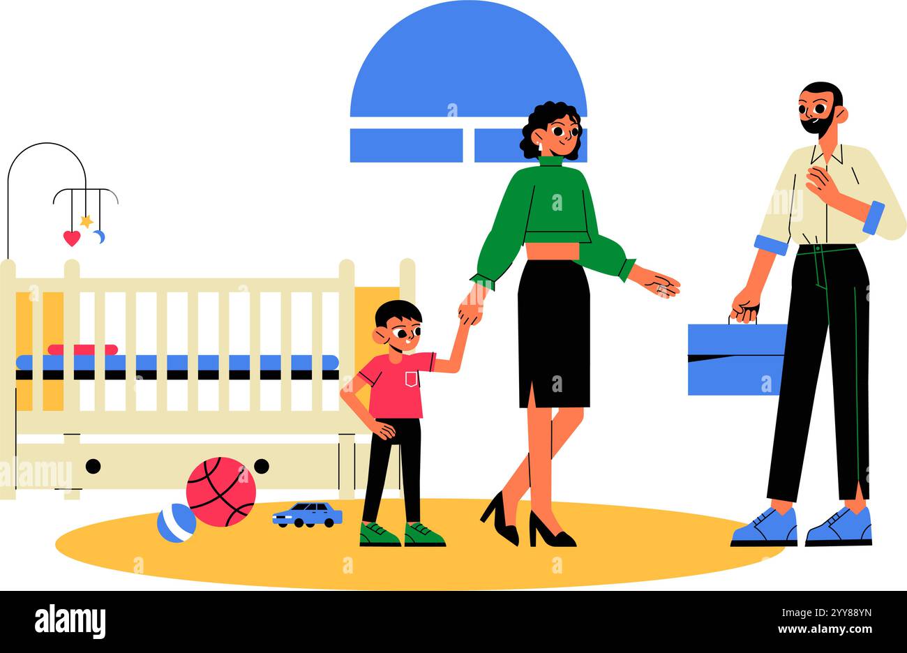 Family Interacting In Nursery Room With Crib And Toys In Flat Vector ...