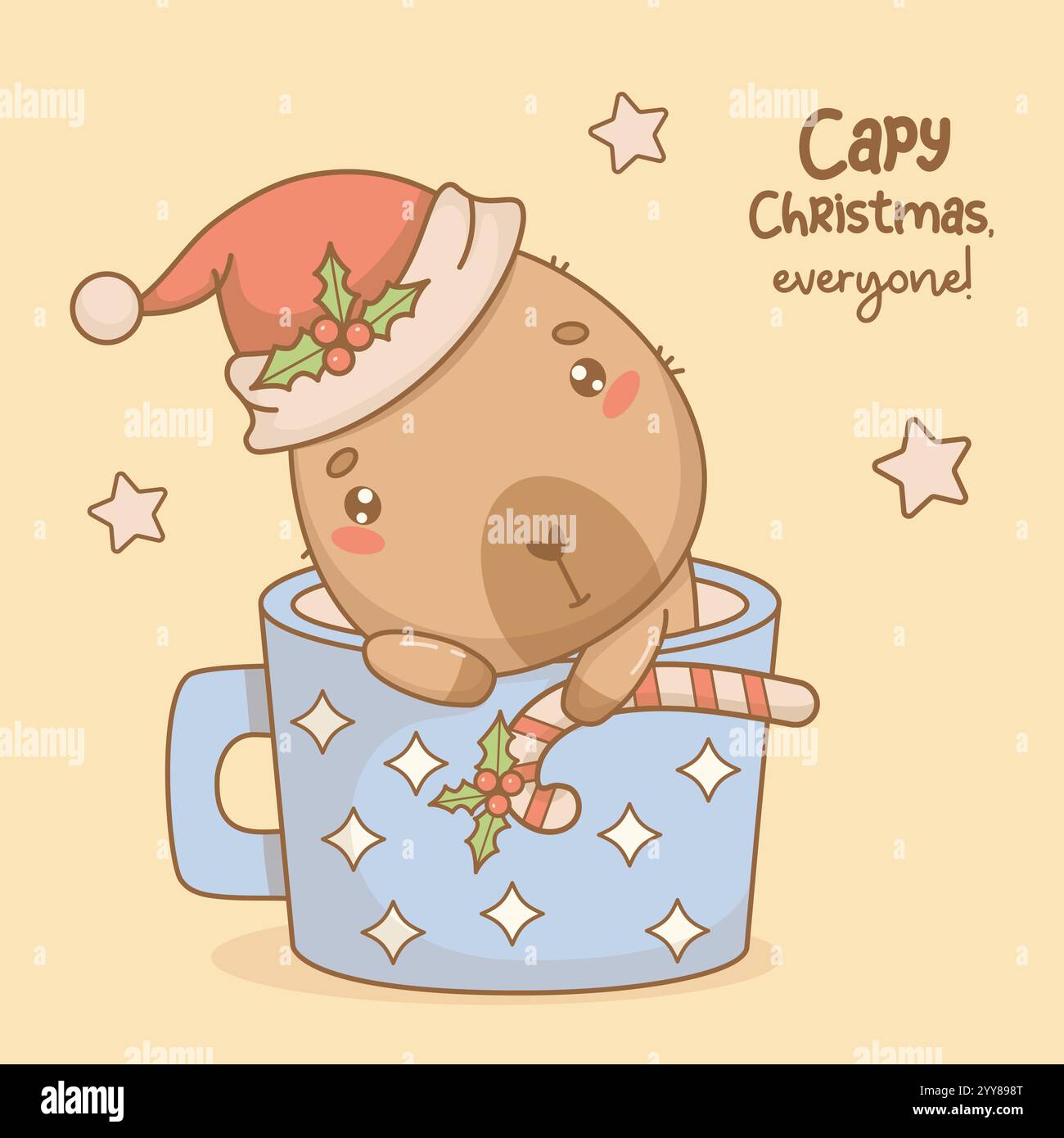 Cute Christmas Capybara in Santa hat in cup with striped candy cane ...