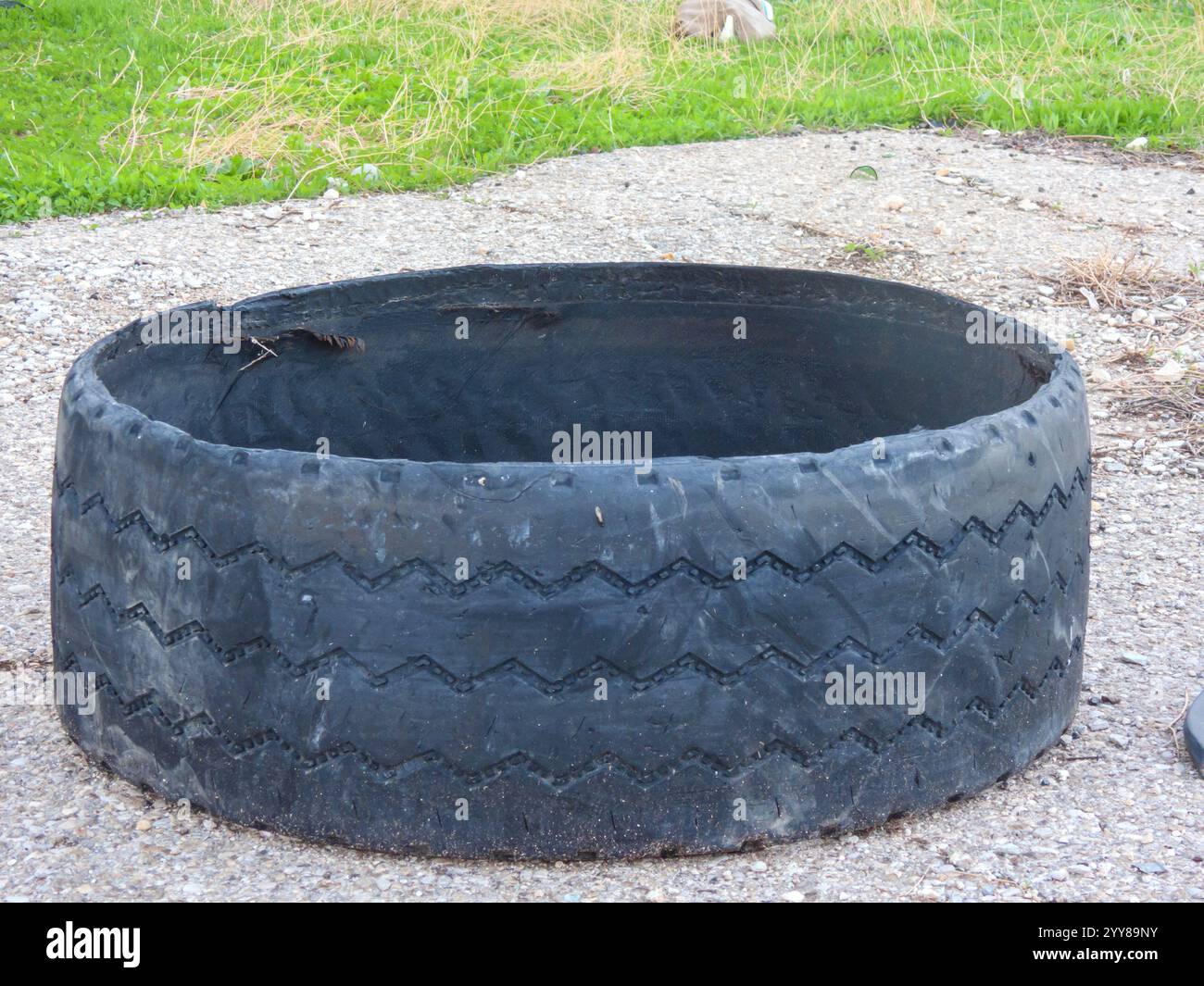 Old used rubber car tyre discarded on raw forest ecosystem,environmental pollution Stock Photo ...