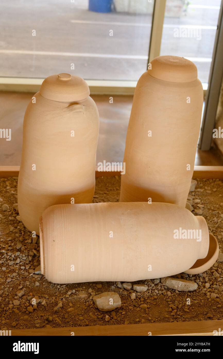 Replica of the clay jars in which the Dead Sea scrolls where stored and ...