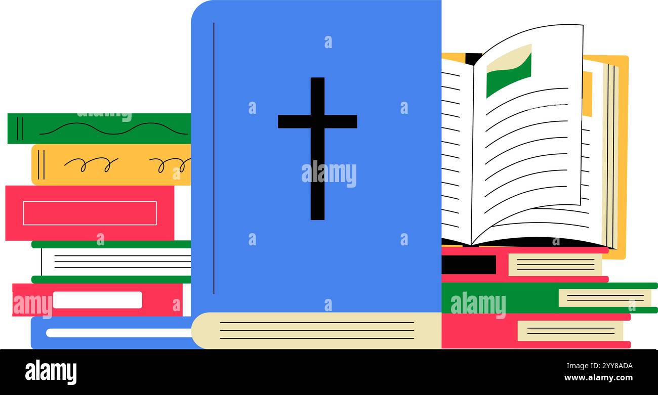 Stack Of Religious And Academic Books With An Open Bible In Flat Vector ...