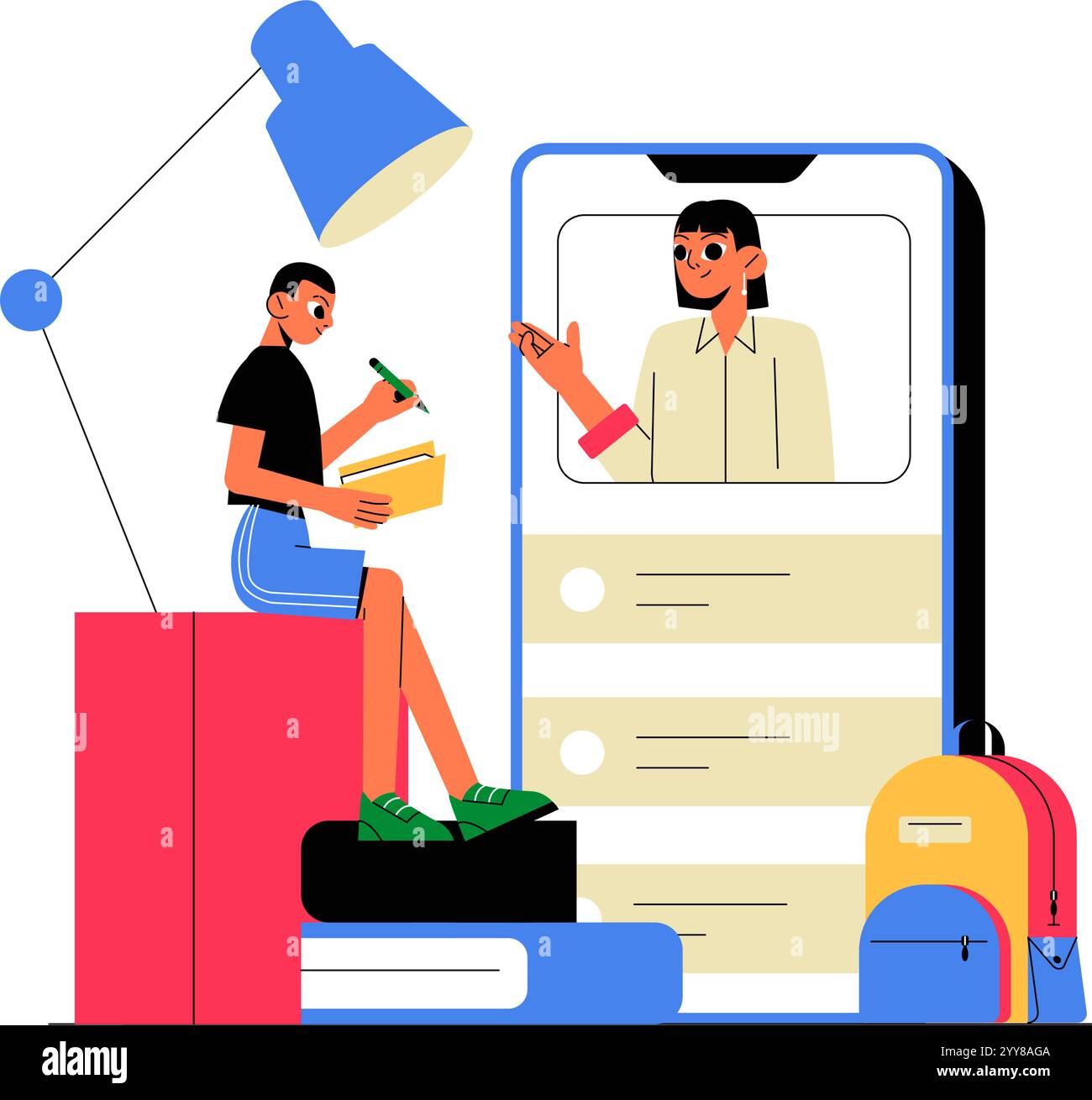 Online Learning Scene With Male Student And Teacher In Flat Vector ...