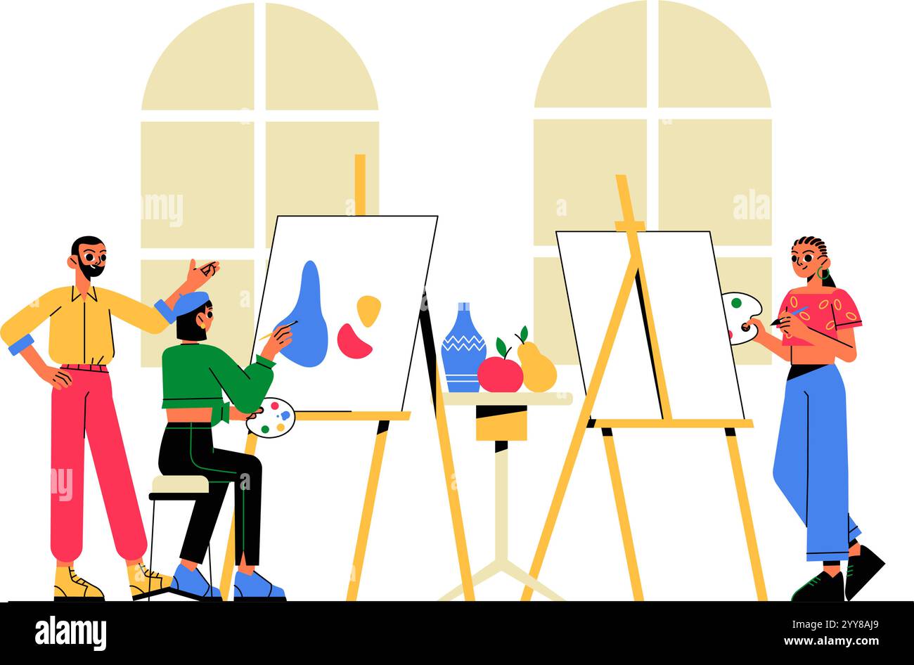 Art Class Scene With Students And Easels In Flat Vector Illustration ...